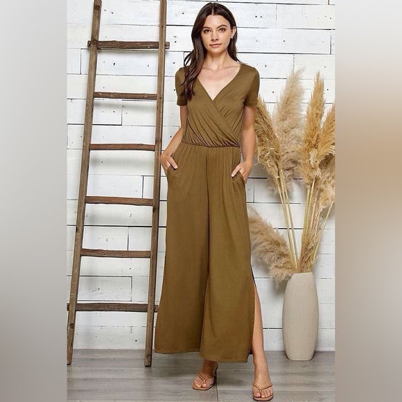 Pants & Jumpsuits | 34 Olive Green Jumpsuit With Side Splits | Poshmark
